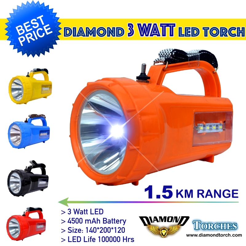 Buy Diamond 3 Watt LED Rechargeable Torch (1.5KM Range)【50% Off】